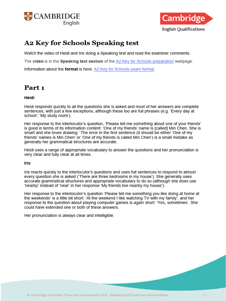 A2 Key Speaking Test Insights | PDF | Question | Cognitive Science