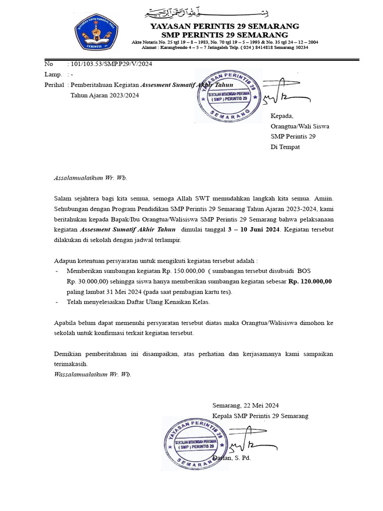 Pemberitahuan Assesment SMP Perintis 29 | PDF