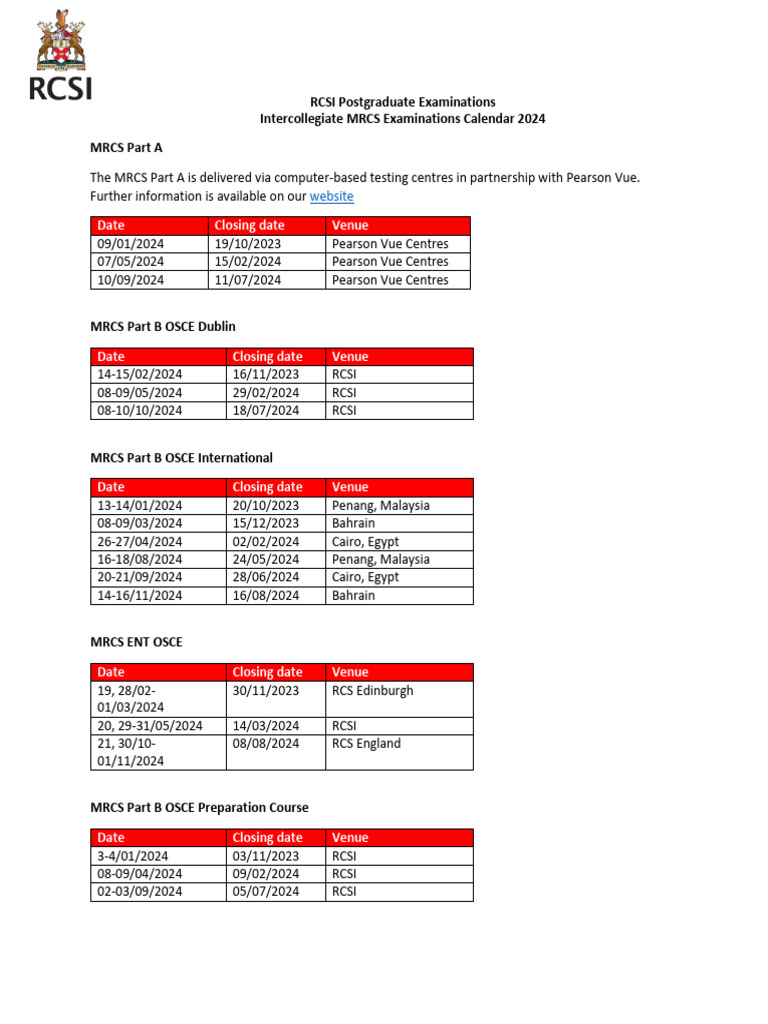 RCSI Professional Examinations - Surgery Examinations Calendar 2024 | PDF