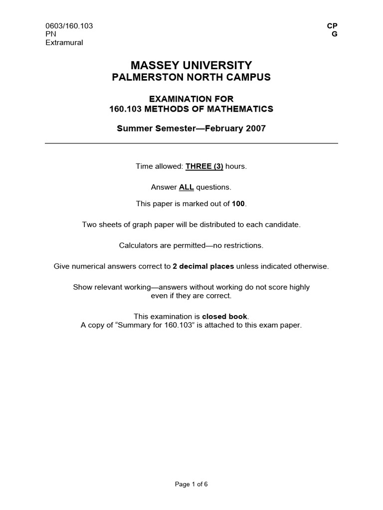 160.103 METHODS OF MATHEMATICS - Massey - Exam - Summer S3 2007 | PDF | Ordinary Differential ...