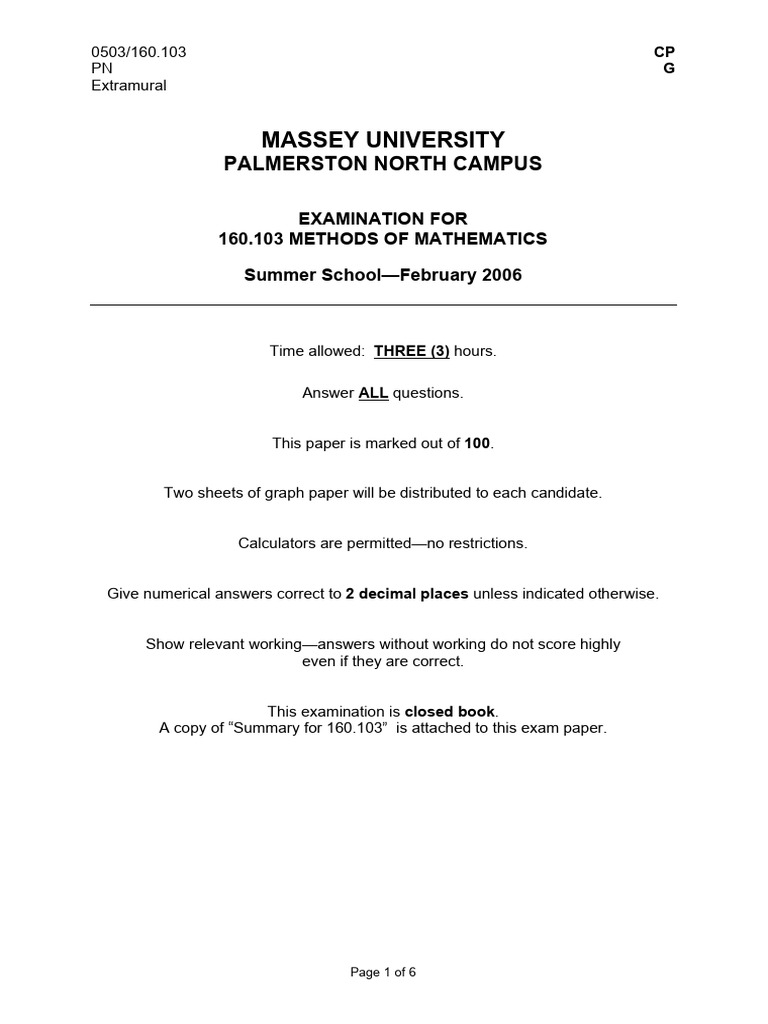 Massey University 160.103 Math Exam | PDF | Matrix (Mathematics ...