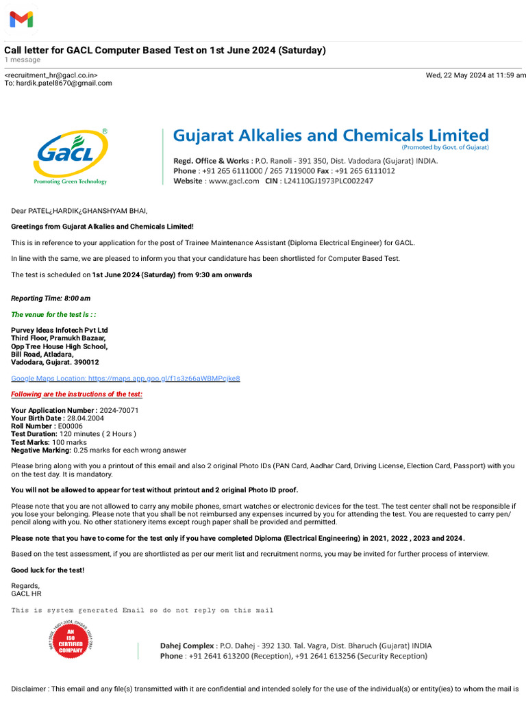 Gmail - Call Letter For GACL Computer Based Test On 1st June 2024 ...