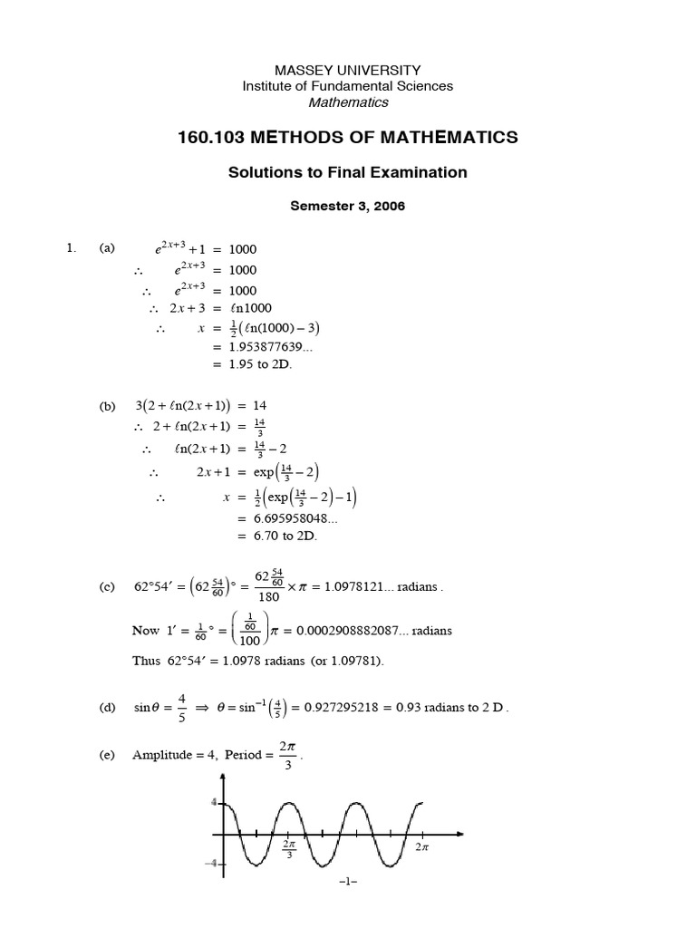 160.103 Methods of Mathematics - 2006 - Semester 3 - Final Exam - Solns | PDF | Calculus ...