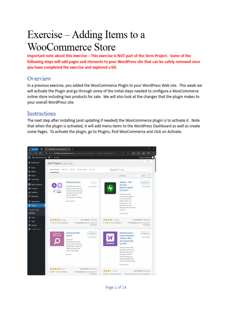 Exercise Add Items To Woocommerce Store Rw24 Pdf Menu Word Press