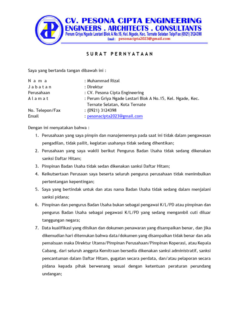 Pernyataan Legalitas CV. Pesona Cipta | PDF