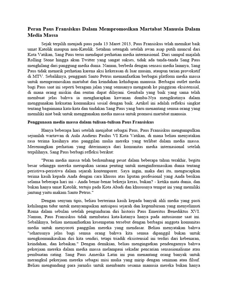 Peran Paus Fransiskus Dalam Mempromosikan Martabat Manusia Dalam Media ...