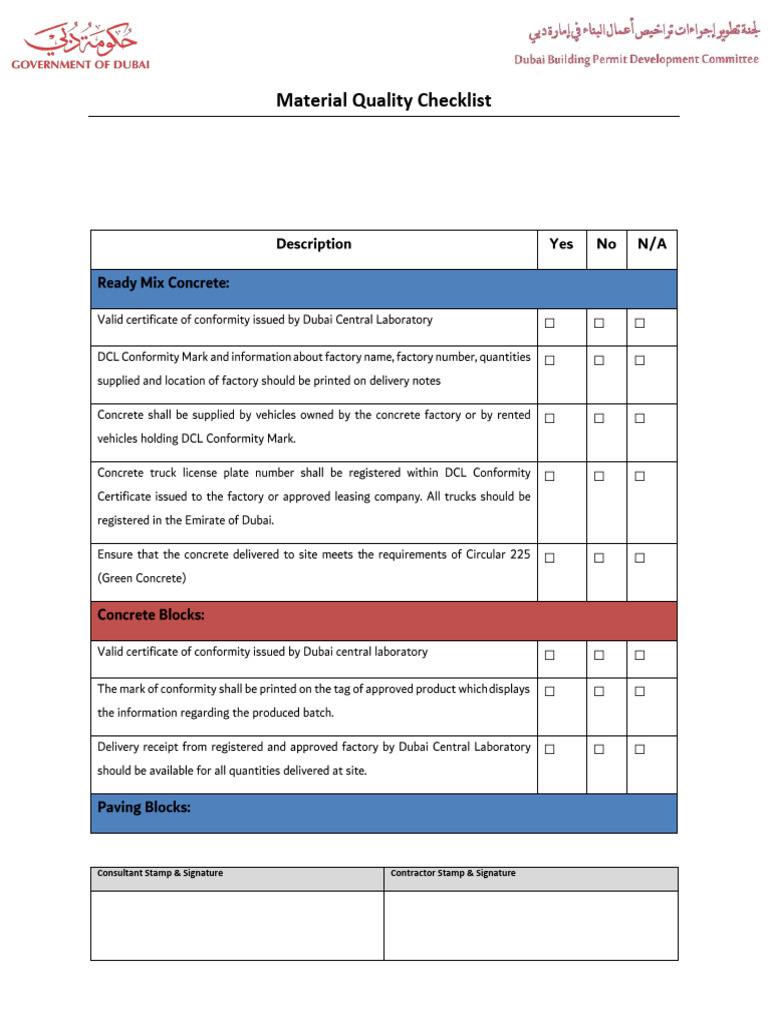 Material Quality Checklist Dubai Committee | PDF