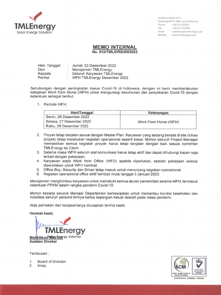 2022-12-23 Internal Memo WFH Desember Tahun 2022 | PDF
