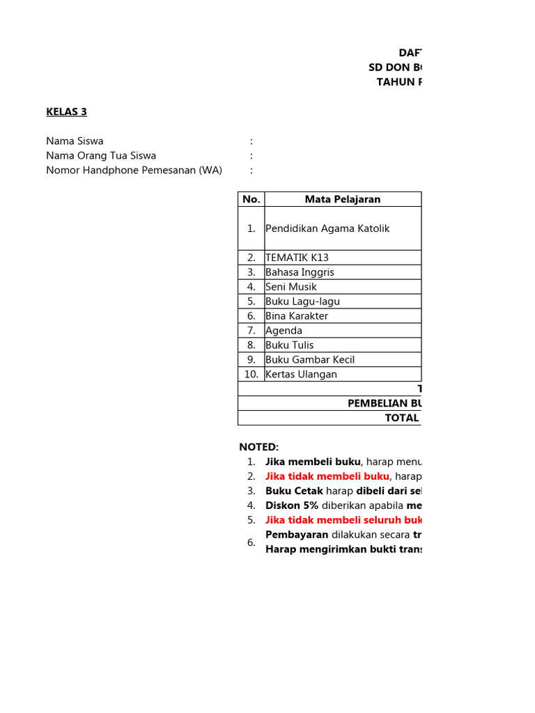 Form Pemesanan Buku Kelas 3 | PDF