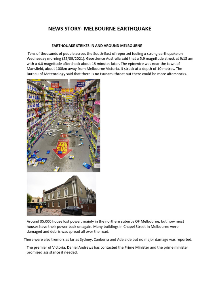 News Story Melbourne Earthquake Grammar Drills Reading Comprehension ...