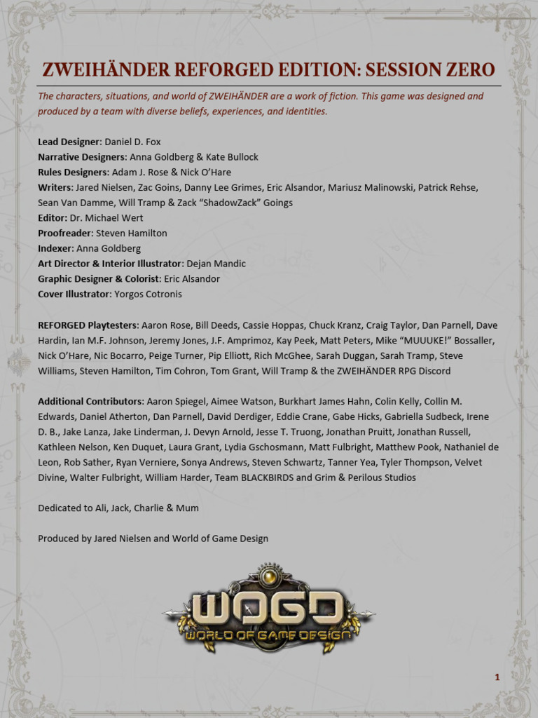 ZWEIHANDER Reforged Session Zero V1.0 | PDF | Role Playing Games