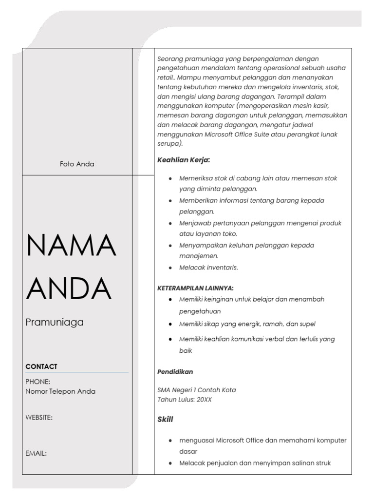Contoh CV Pramuniaga Berpengalaman | PDF