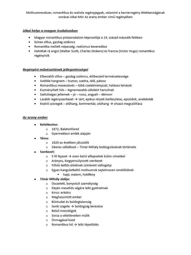 Tétel - Jókai Mór - Az Arany Ember | PDF