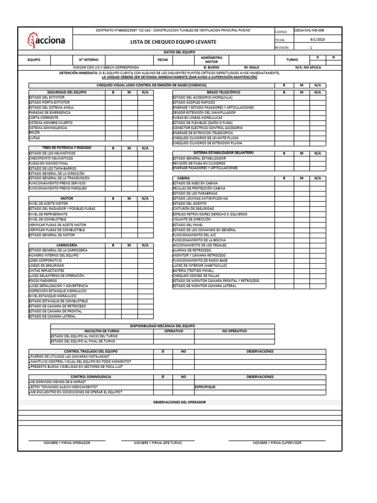 C3014-CHL-ME-009 Rev. 1 Check List Equipo Levante | PDF | Estilos de ...