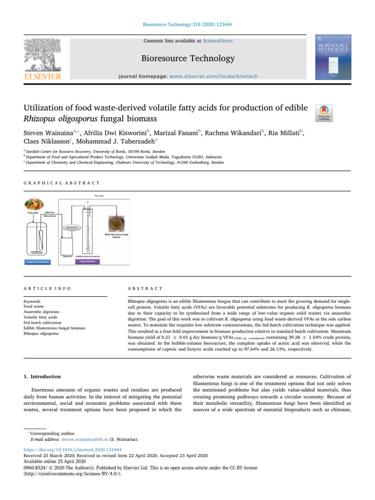 Utilization of Food Waste-Derived Volatile Fatty Acids For Production of Edible Rhizopus ...