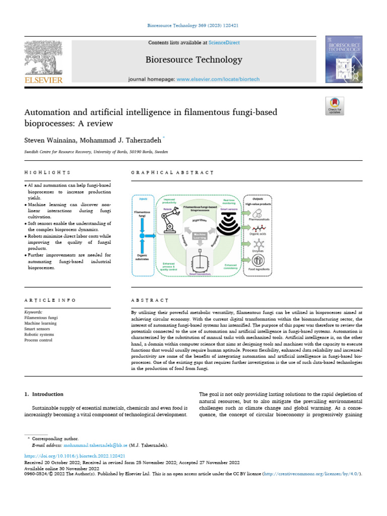 Automation and Artificial Intelligence in Filamentous Fungi-Based Bioprocesses: A Review | PDF ...
