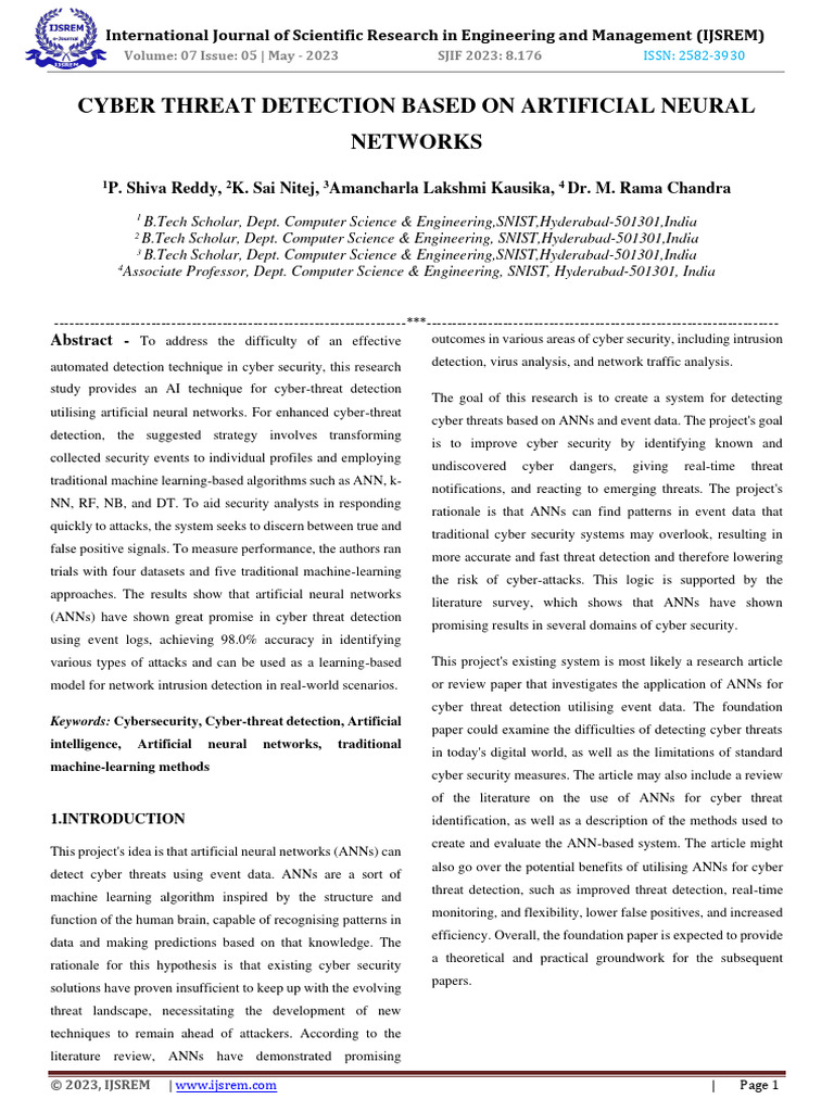 Cyber Threat Detection Based On Artificial Neural Networks Pdf