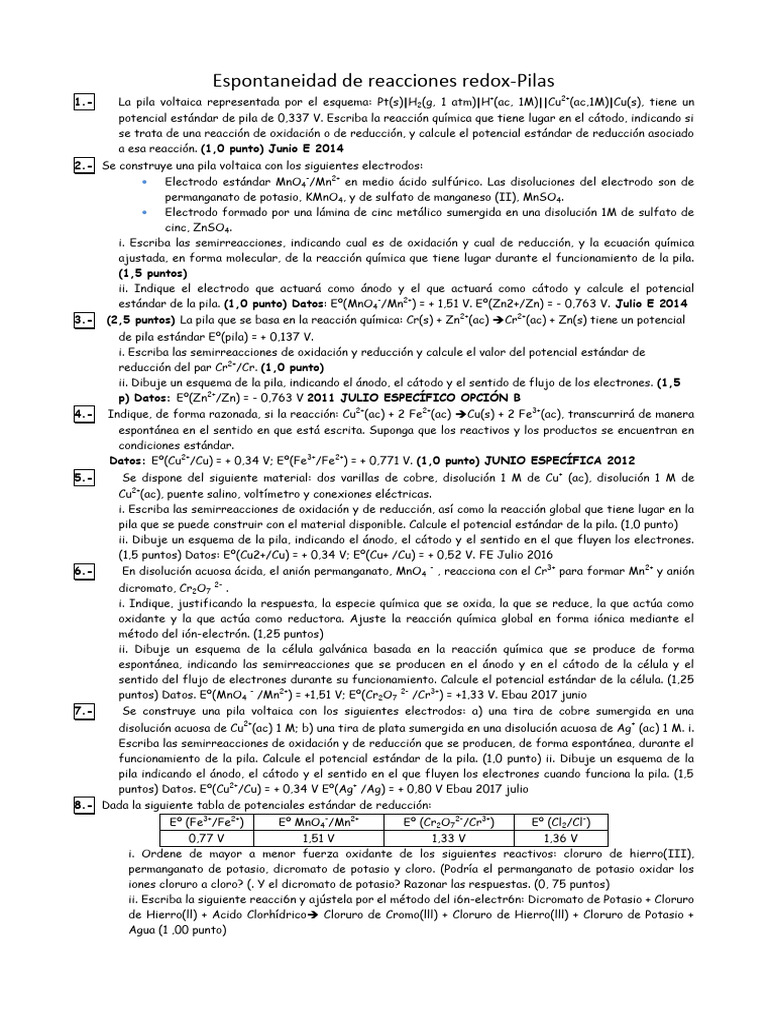 Pilas Espontaneidad De Reacciones Redox Pdf Redox Electrodo