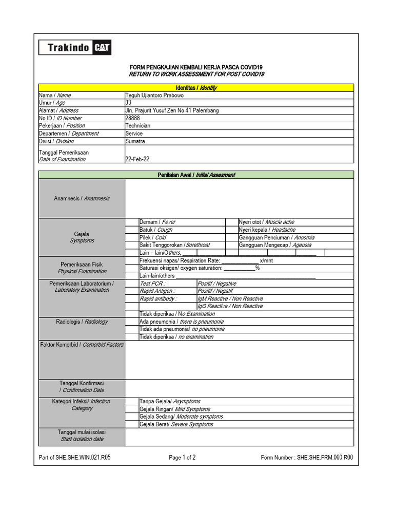 M.060.R00 Return To Work Assessment Post Covid | PDF | Pneumonia ...