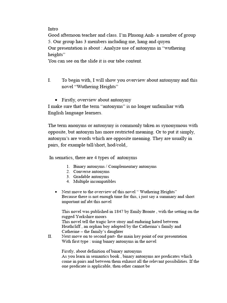 Antonym Analysis in Wuthering Heights | PDF | Wuthering Heights ...