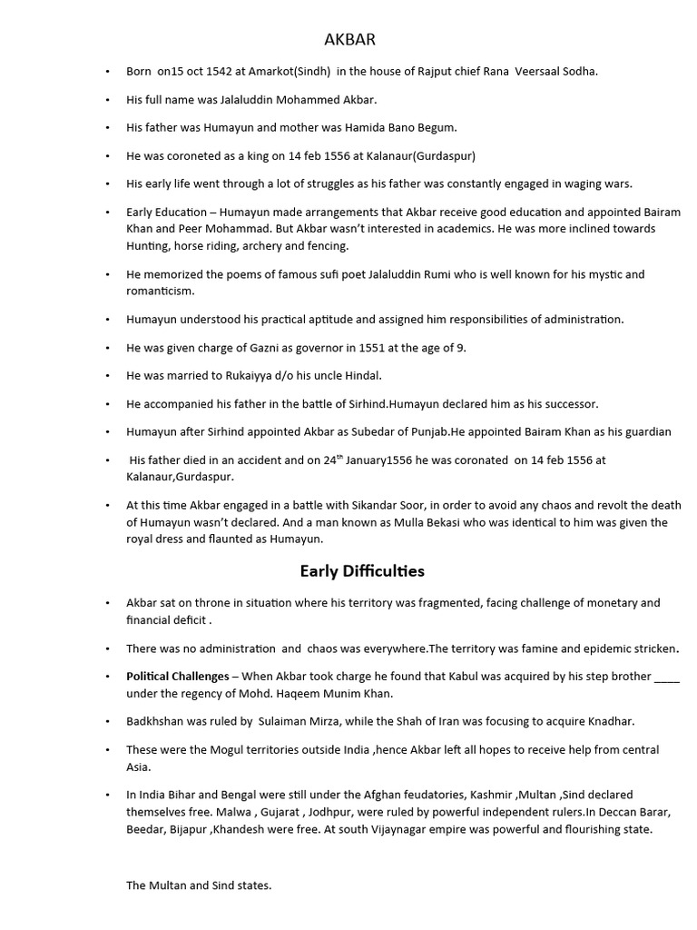 Notes Akbar, The Mughal Empire and Administration PT1. | PDF | Mughal ...