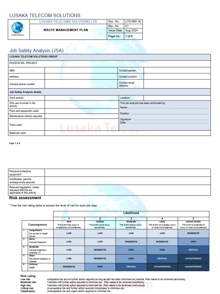 Job - Safety - Analysis - Plan LTS | PDF | Risk | Personal Protective ...