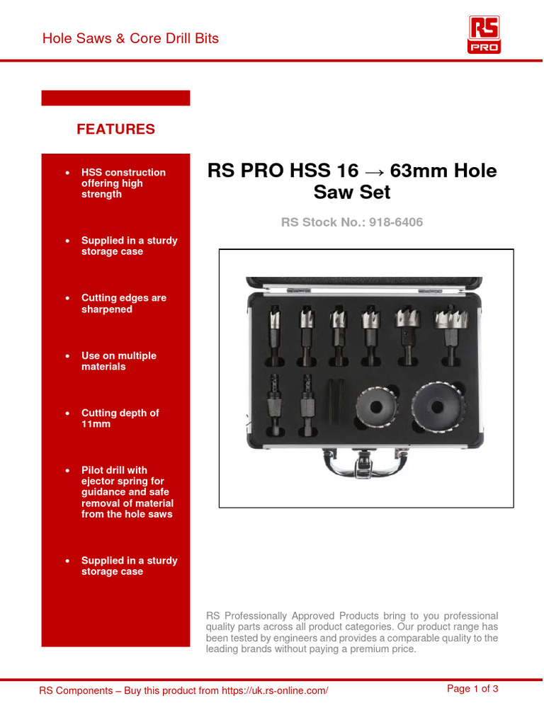 Rs Pro Hss 16 63mm Hole Saw Set: Features | PDF | Drill | Building Materials