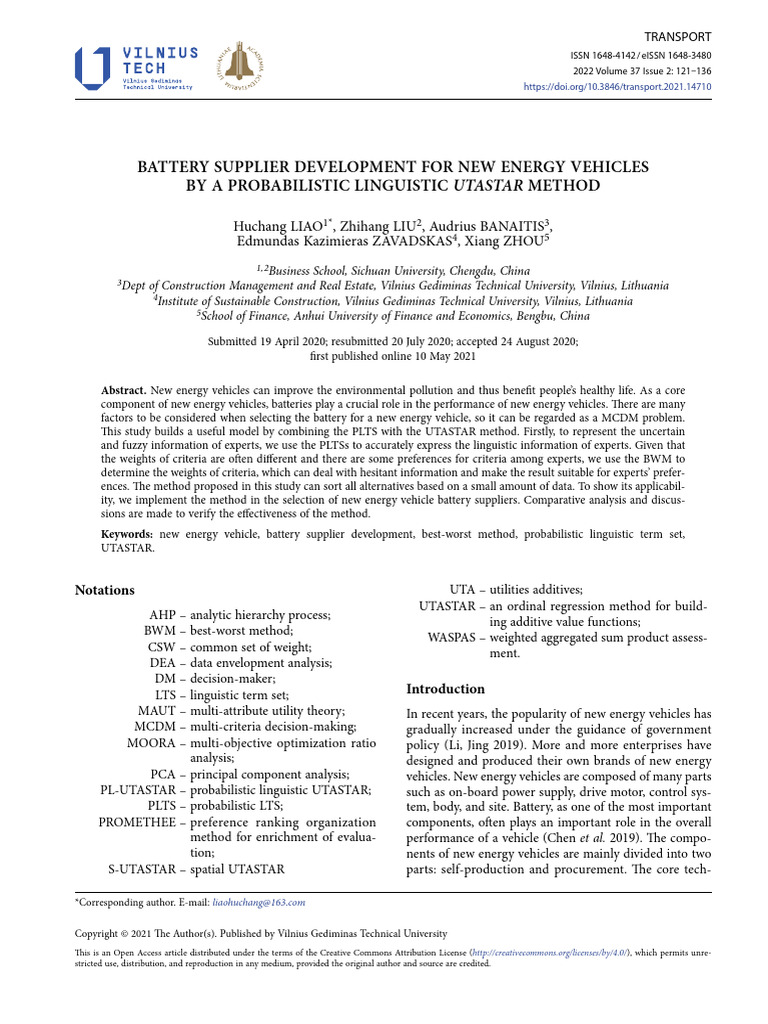 Battery Supplier Development For New Energy Vehicles by A Probabilistic ...
