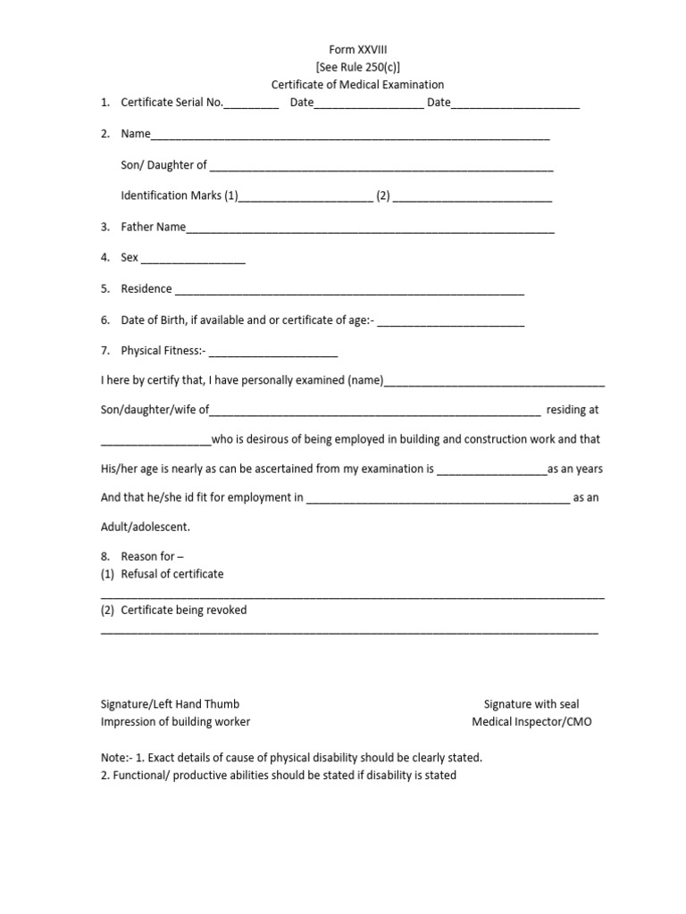 Certificate of Medical ExaminationForm XXVIII | PDF | Physical ...