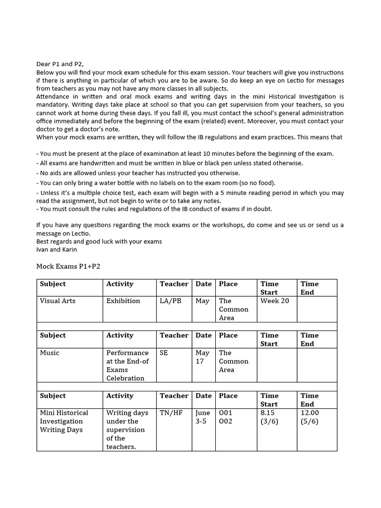 Mock Exam Schedule for P1 and P2 | PDF | Evaluation | Educational Stages
