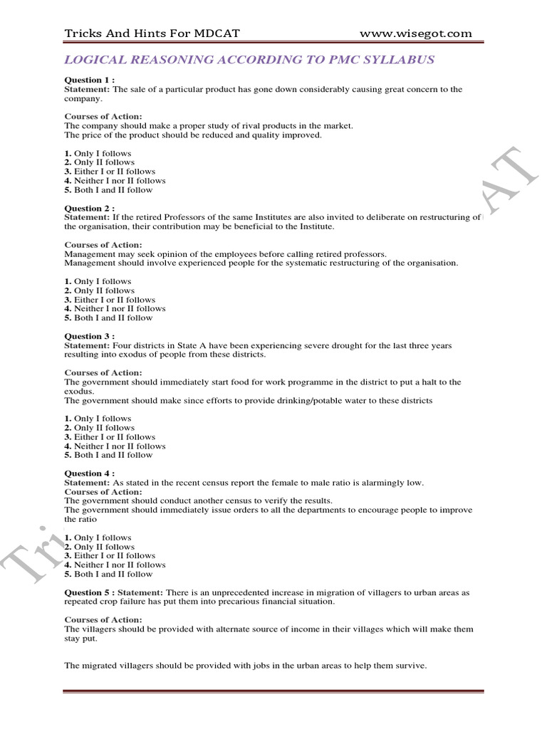 LOGICAL REASONING ACCORDING TO PMC SYLLABUS organized PDF