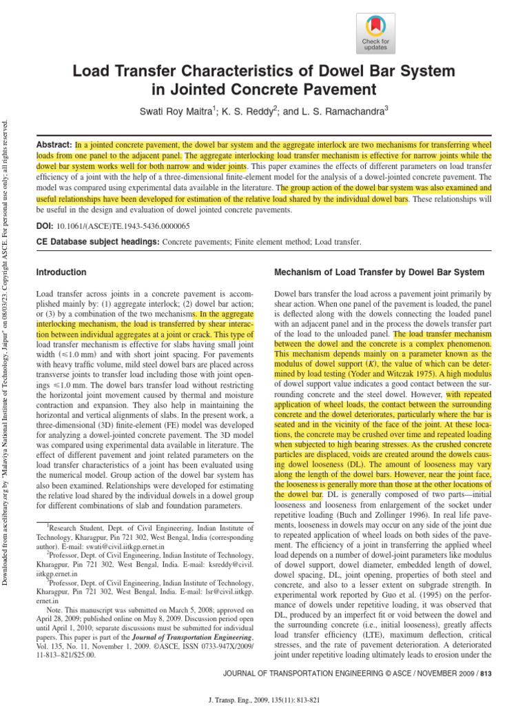 Load Transfer Characteristics of Dowel Bar System | PDF | Bending ...