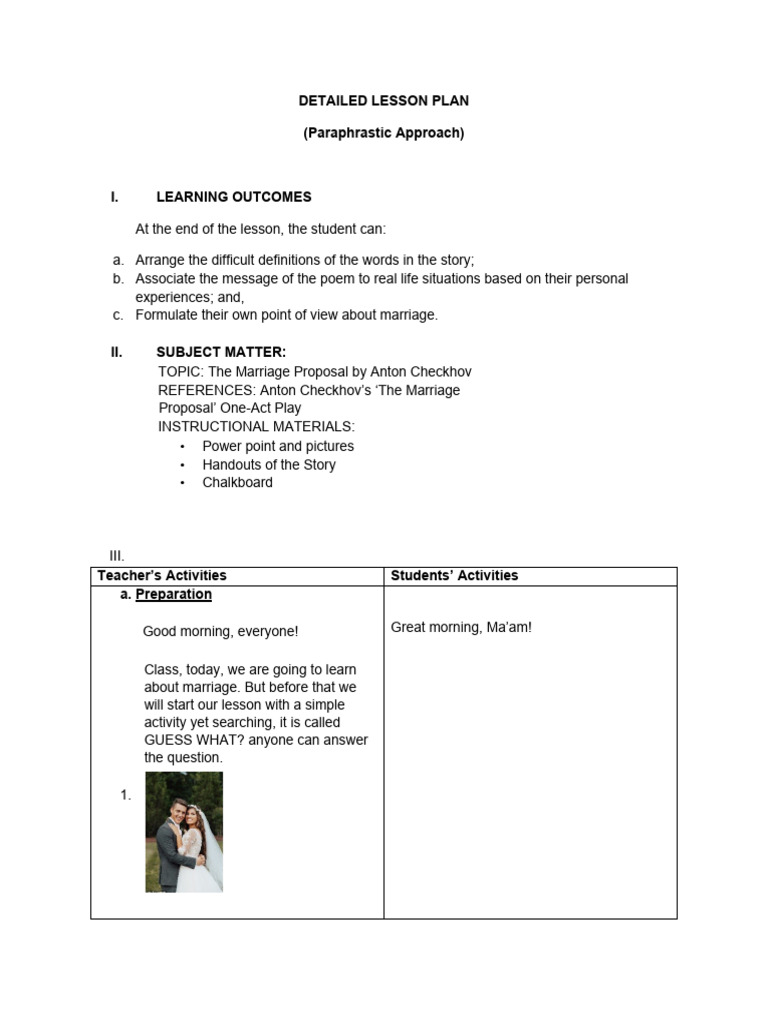 Lesson Plan: Analyzing Marriage Proposal | PDF | Cognition | Psychology