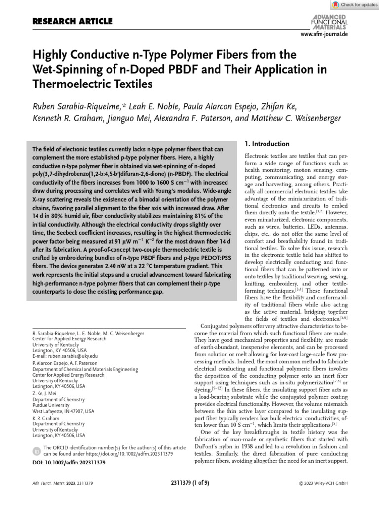 Adv Funct Materials - 2023 - Sarabia Riquelme - Highly Conductive N Type Polymer Fibers From The ...