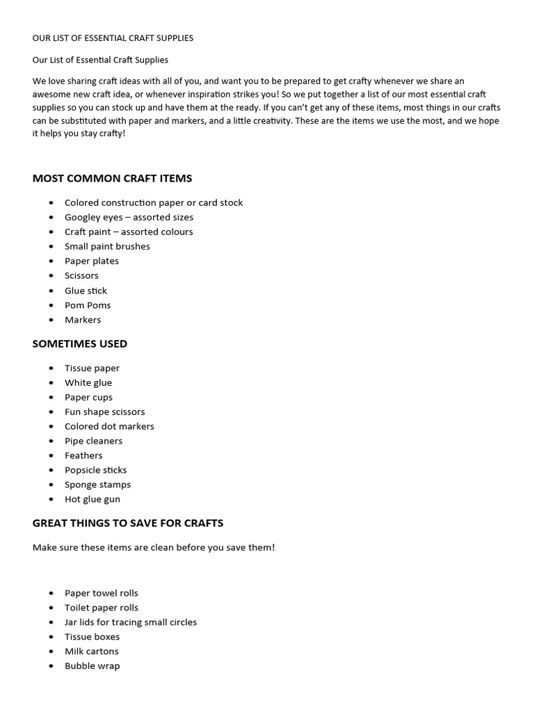 Arts and Crafts Supplies List | PDF