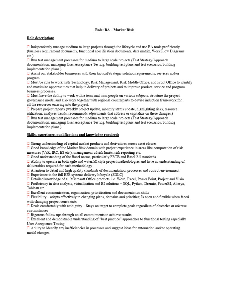 JD - BA - Market Risk | PDF | Risk | Software Development Process JD - BA - Market Risk | PDF | Risk | Software Development Process