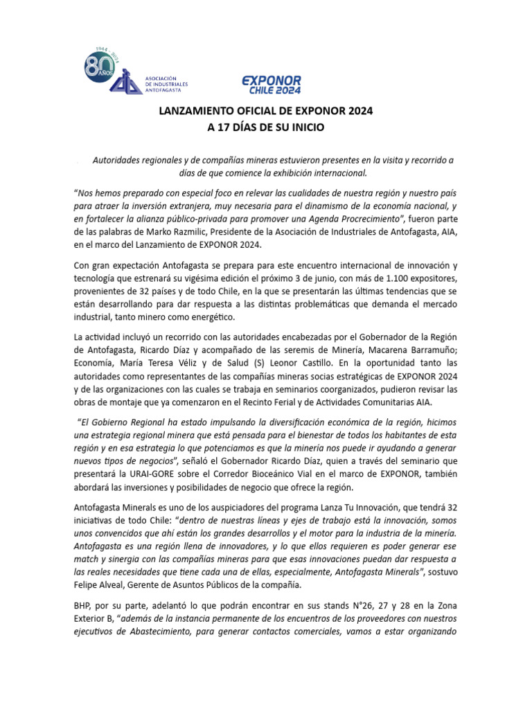 CP Lanzamiento Oficial de EXPONOR 2024 A 17 Días de Su Inicio - 16.05.24 | PDF | Minería | Chile