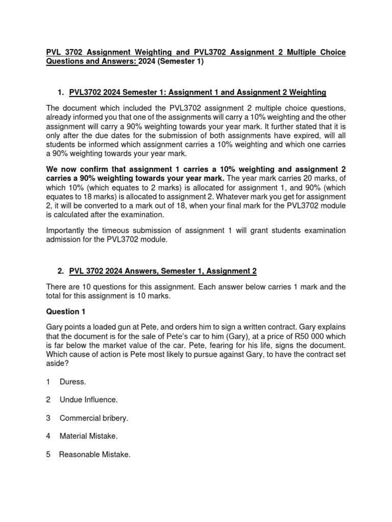 2024 Sem 1 Assign 2 PVL3702 Answers | PDF | Misrepresentation | Offer ...
