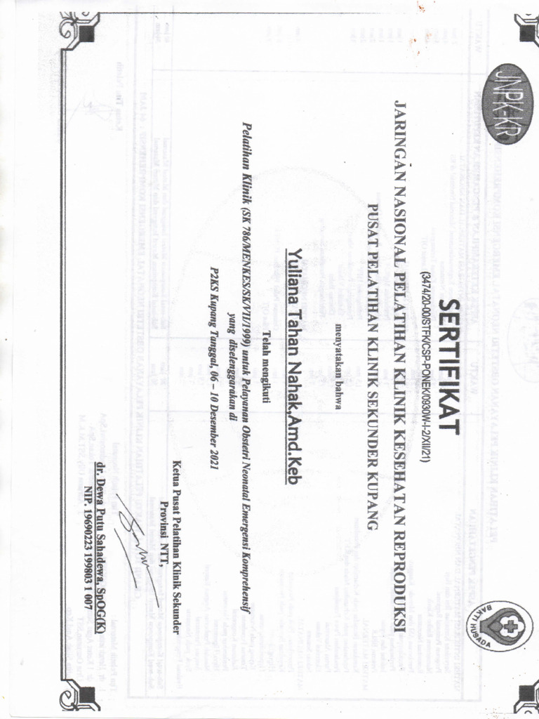 Sertifikat Ponek Bidan Itha Nahak | PDF