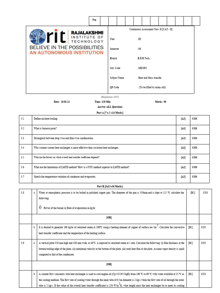 CAT - II ME3691 HMT Set - 1 | PDF | Heat Exchanger | Heat Transfer