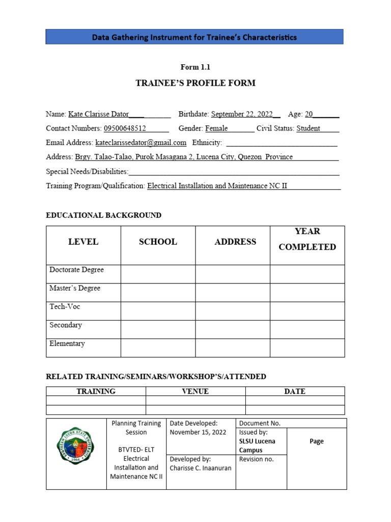 Trainee's Profile Form | PDF