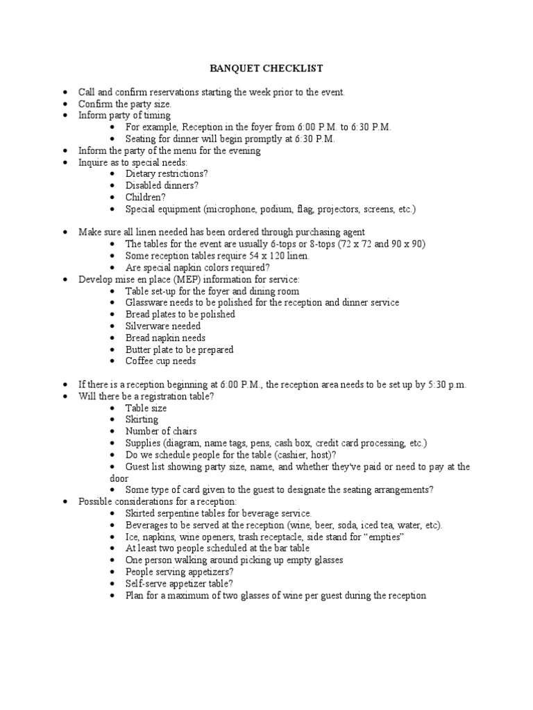 Banquet Planning Checklist Guide | PDF | Tableware | Food And Drink