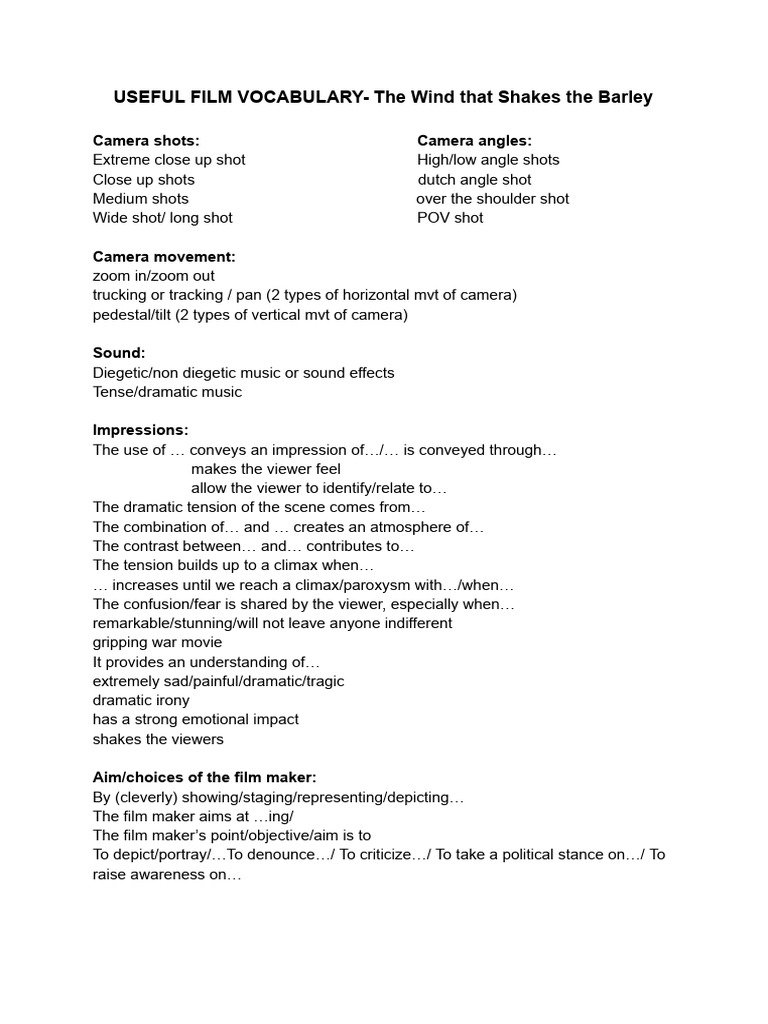 Film Vocabulary for "The Wind that Shakes the Barley" | PDF | Foreign ...