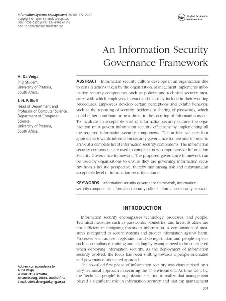 12 An Information Security Governance Framework Pdf Information