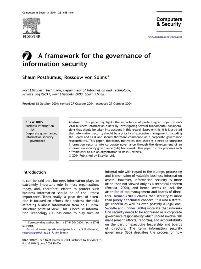 20 A Framework For The Governance Of Information Security Pdf Information Security