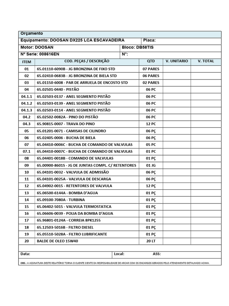 001 - Motor DB58TIS - Escavadeira DOOSAN DX225LCA | PDF | Pistão | Motores