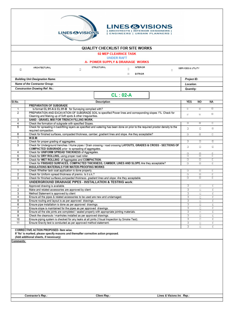 Quality Checklist For Site Works: 02 Mep Clearnce Task A-Power Supply & Drainage Works | PDF ...