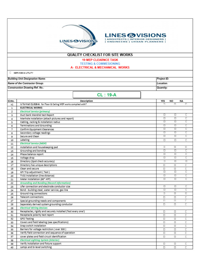 Quality Checklist For Site Works: 19 Mep Clearnce Task A-Electrical ...