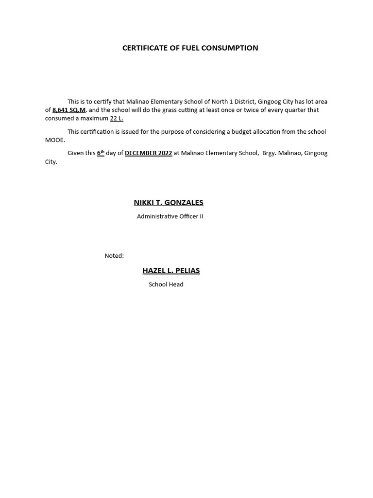 Certificate of Fuel Consumption-Malinao Es | PDF