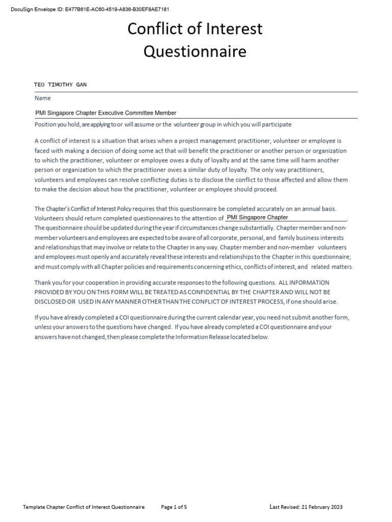 PMI Conflict of Interest Form | PDF | Conflict Of Interest | Confidentiality